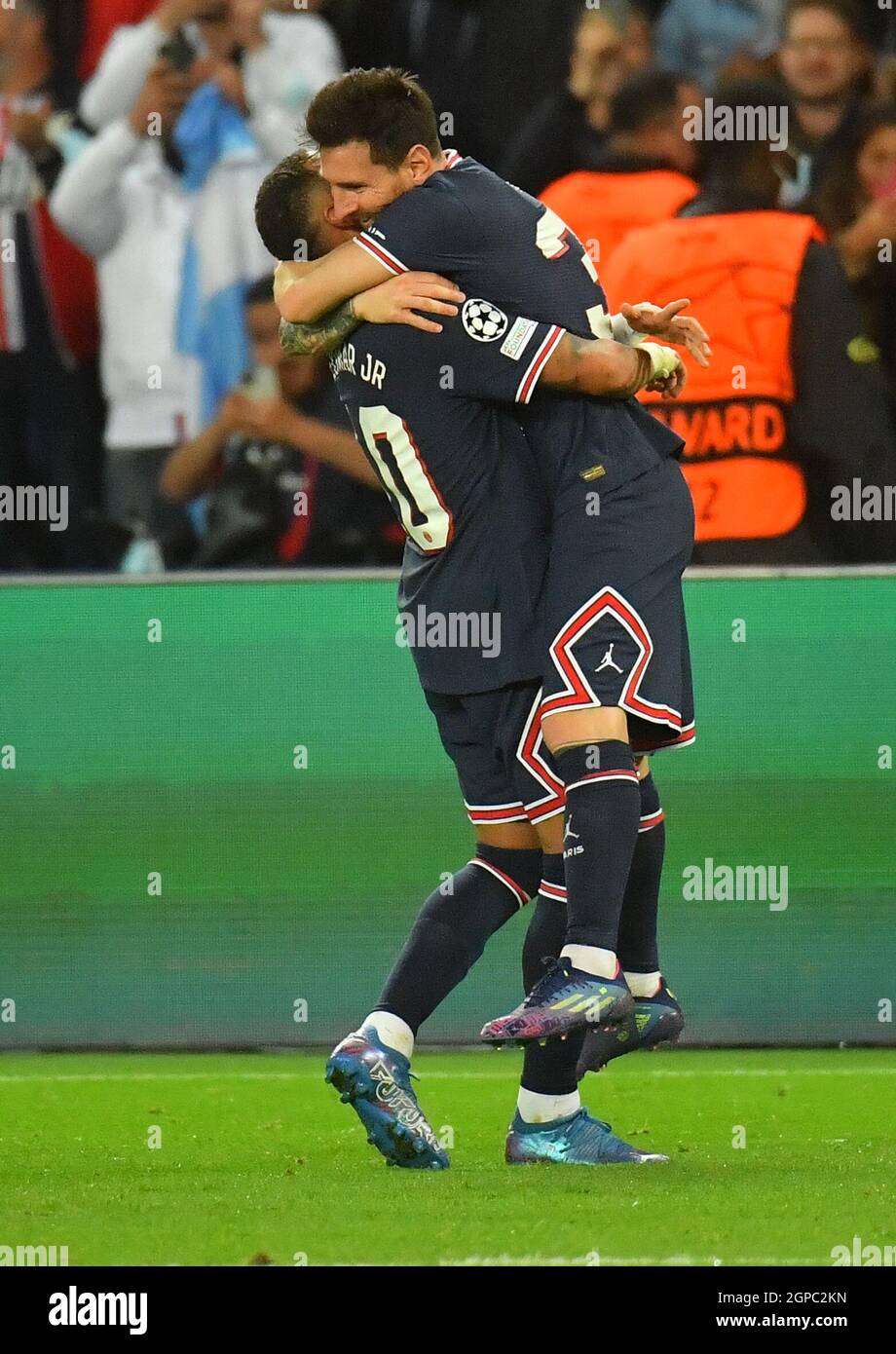 Paris Saint-Germain’s Lionel Messi celebrates scoring with teammate ...