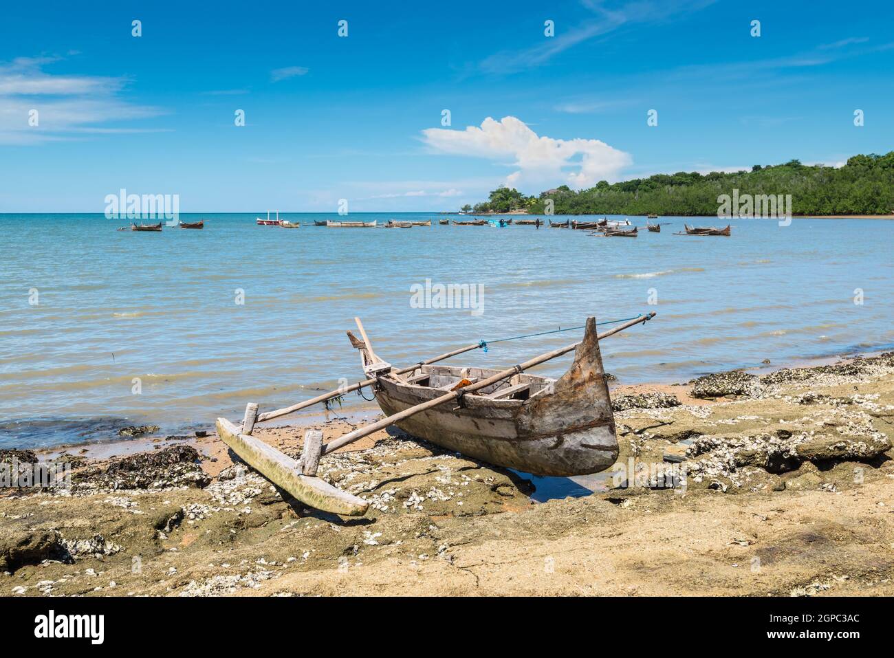 Traditional pirogue on the shore of Nosy Be island in Madagascar ...