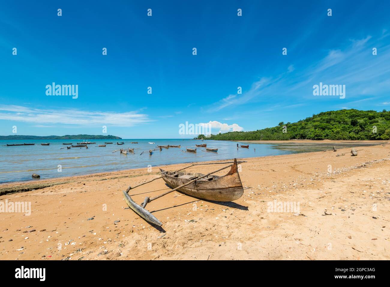 Traditional pirogue on the shore of Nosy Be island in Madagascar ...