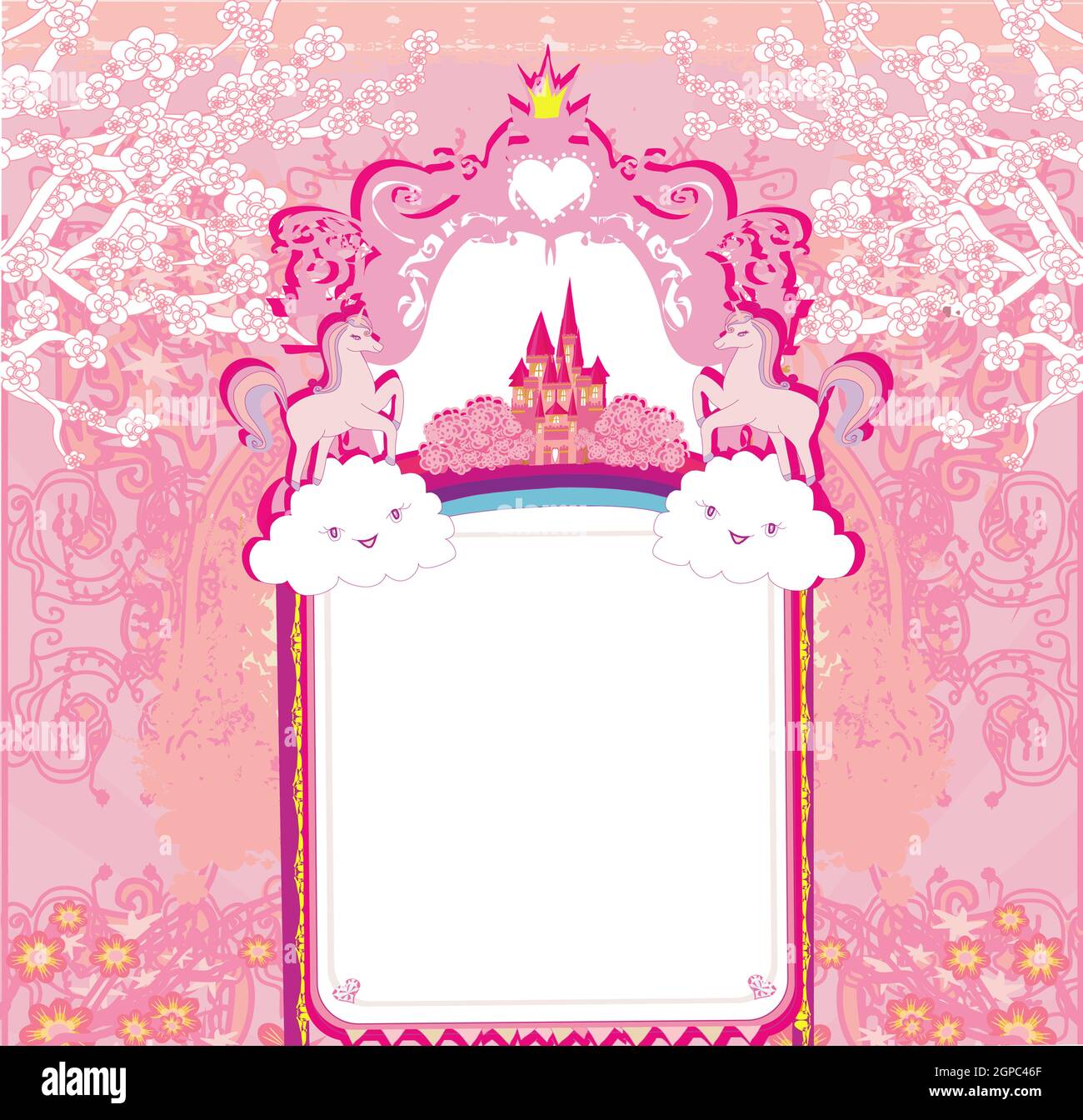 Fairytale frame with magic castle and unicorns Stock Photo - Alamy