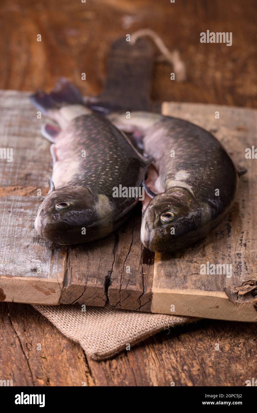 two raw chars on rustic wood Stock Photo - Alamy