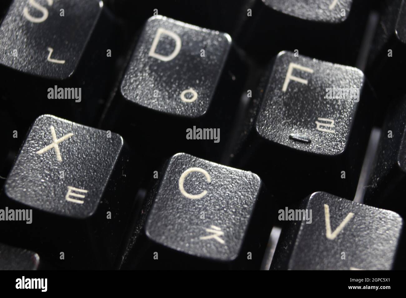 Closeup of laptop computer keyboard black keys with white letters and ...