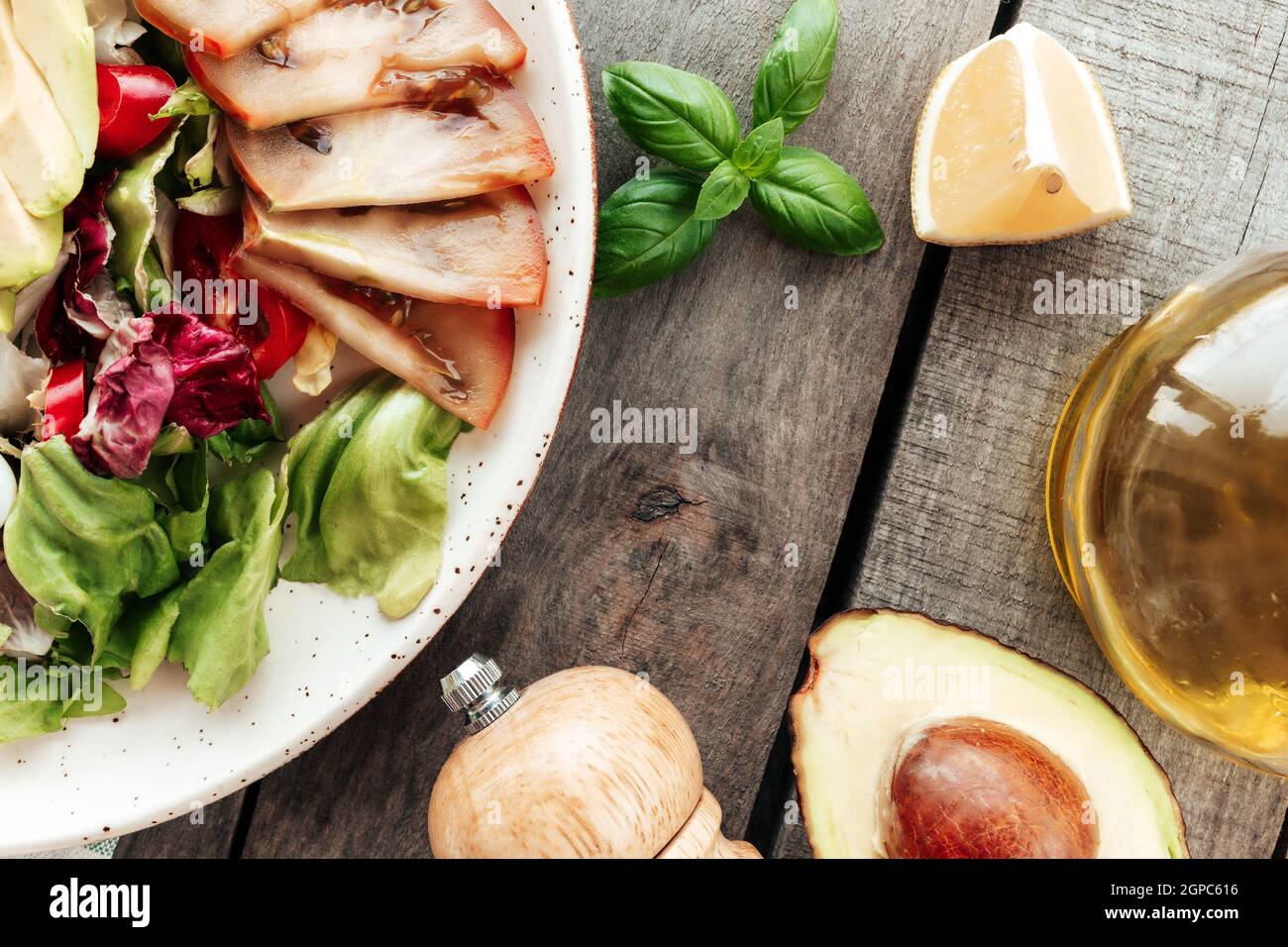 Healthy eating concept flat lay. Mediterranean diet, plate with lettuce ...