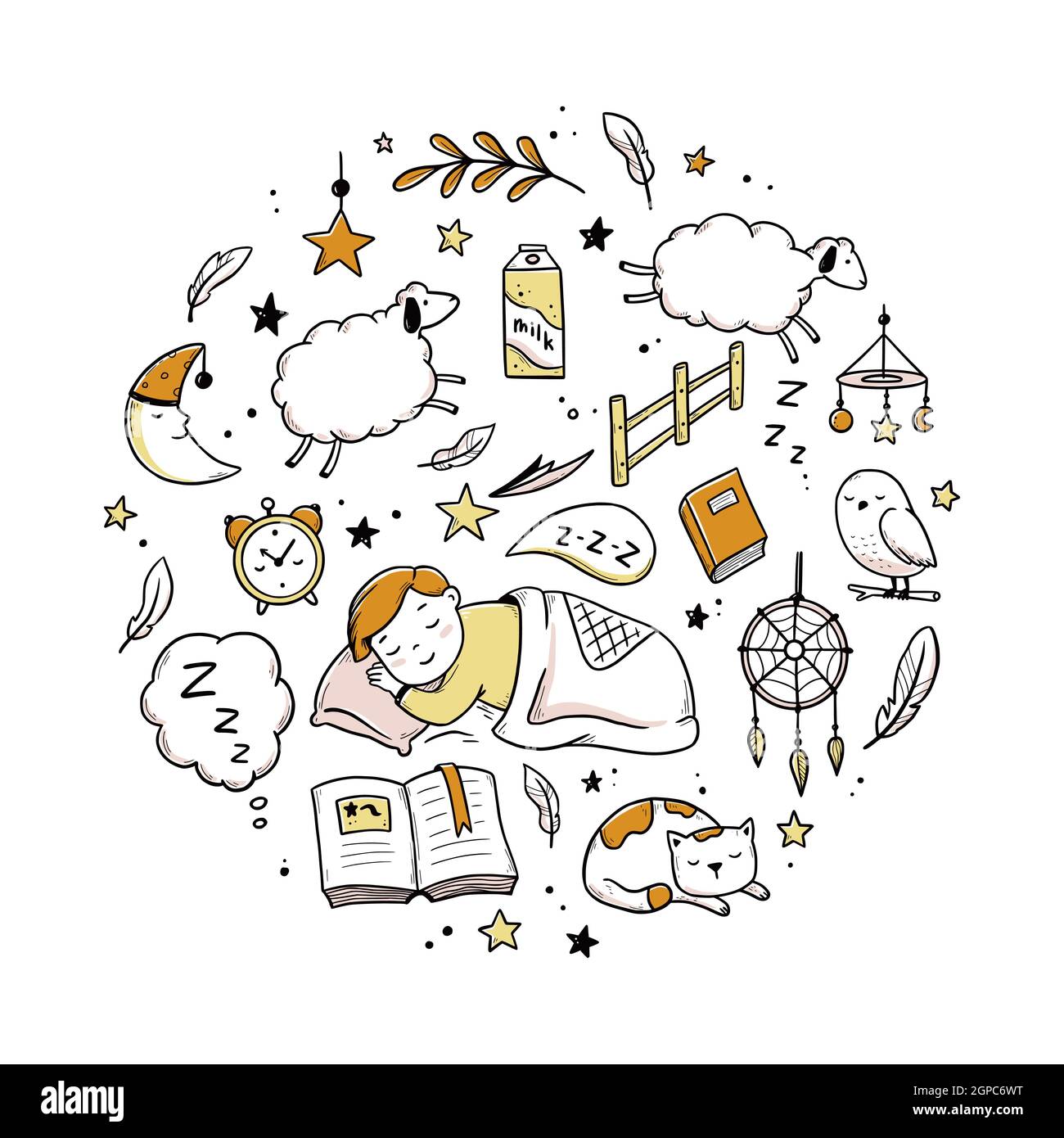 Sleep, relax time, dream night doodle set. Concept comfort night sleep ...