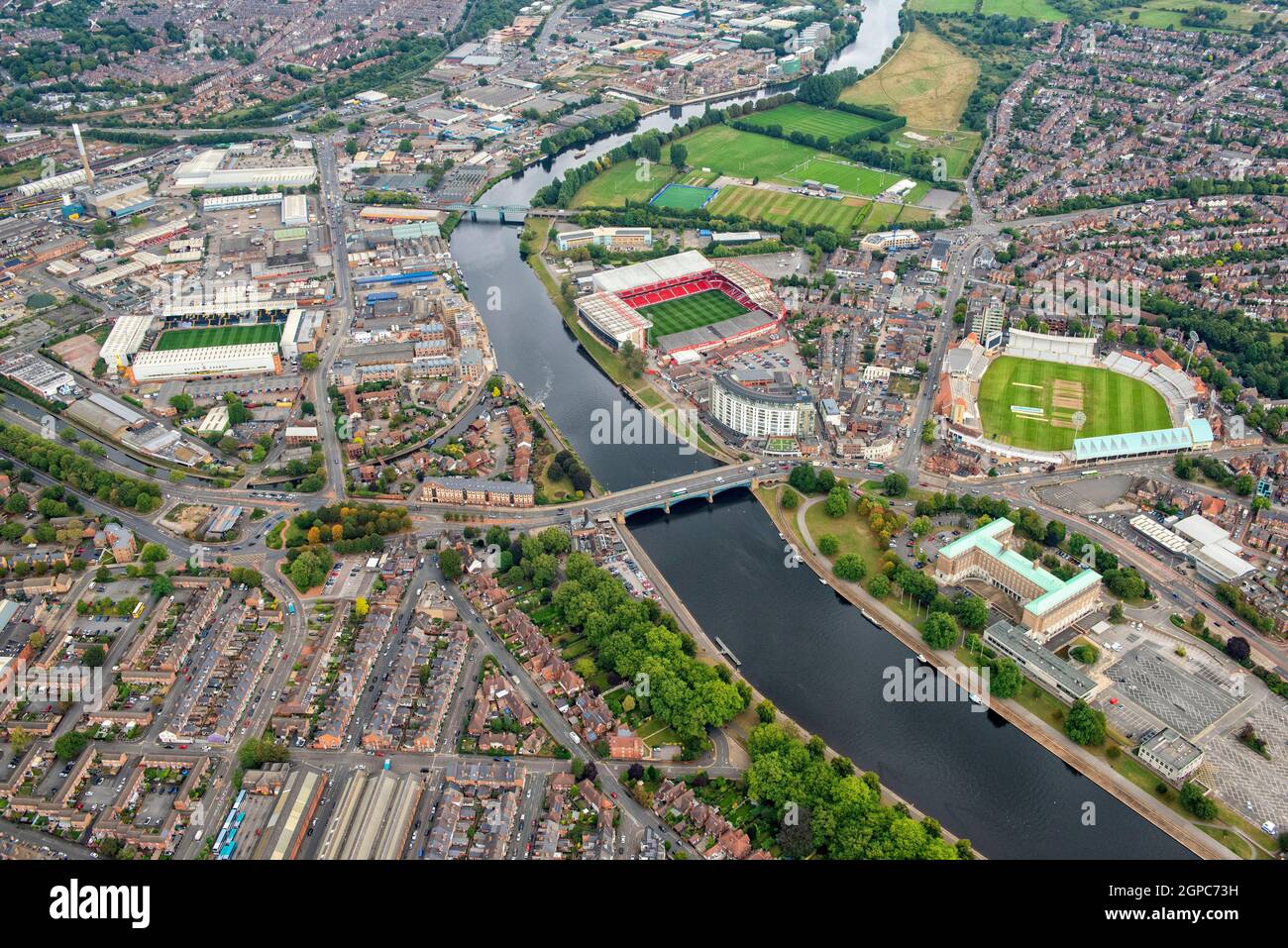 Aerial shot of Trent Bridge and the River Trent in Nottingham ...