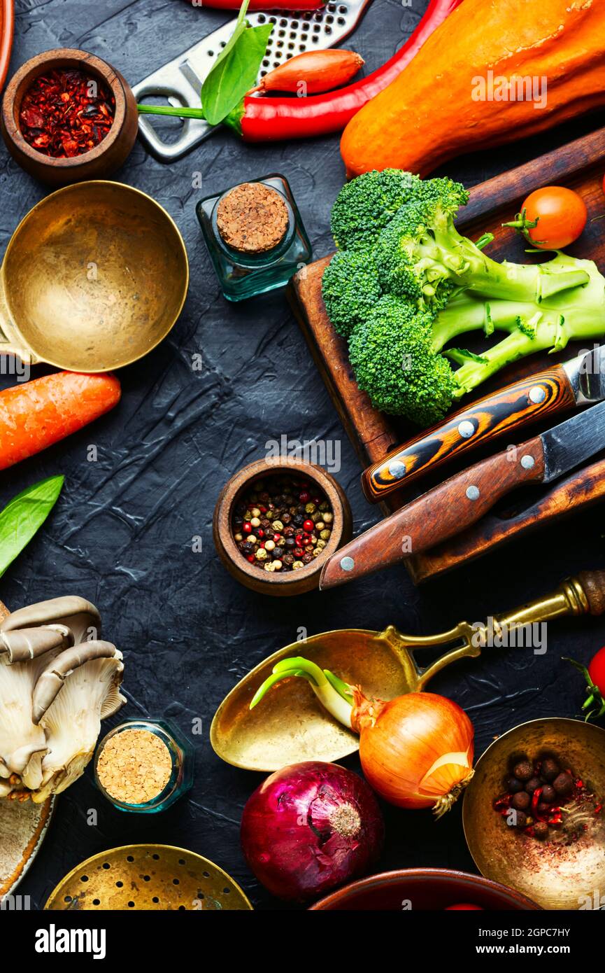 Fresh raw vegetables on the kitchen table.Healthy eating concept ...