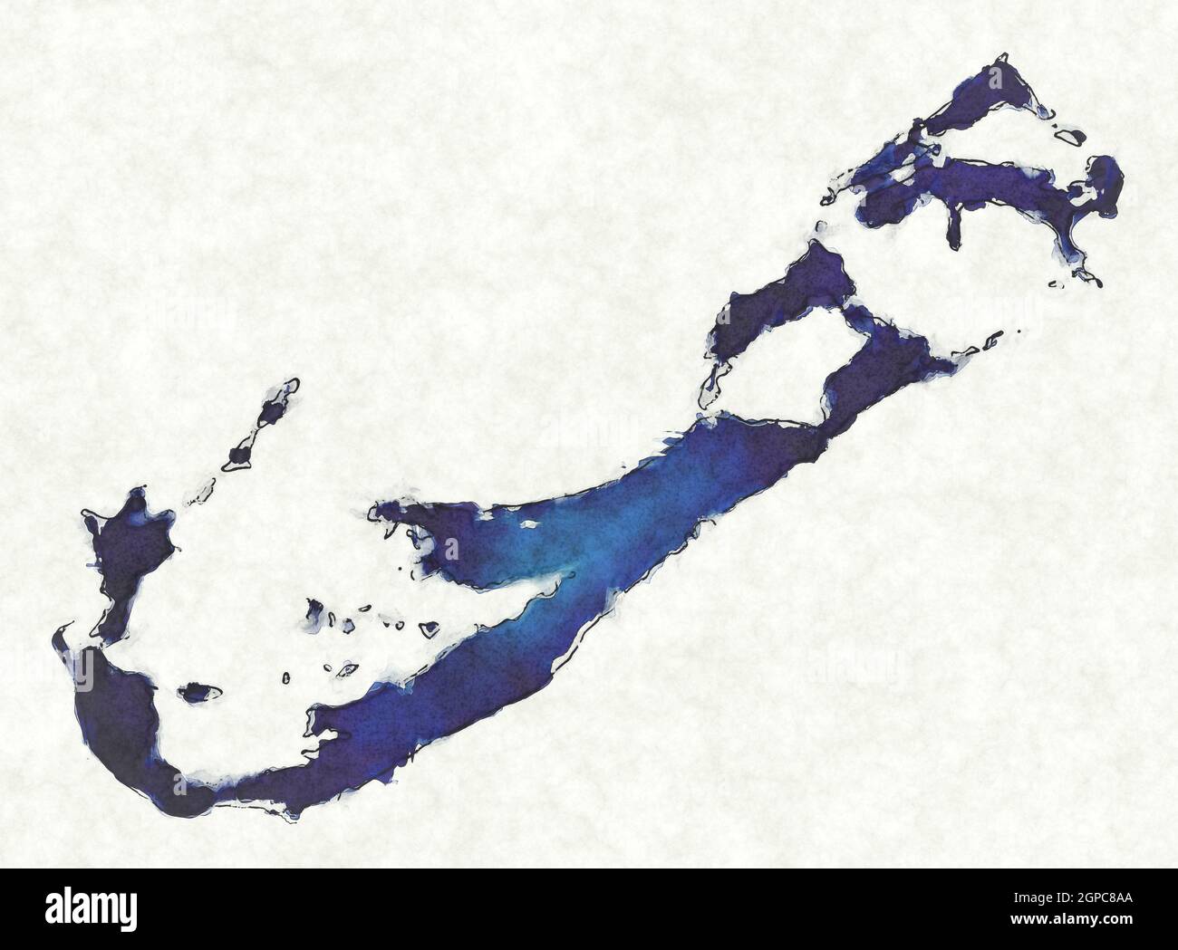 Bermuda map with drawn lines and blue watercolor illustration Stock ...