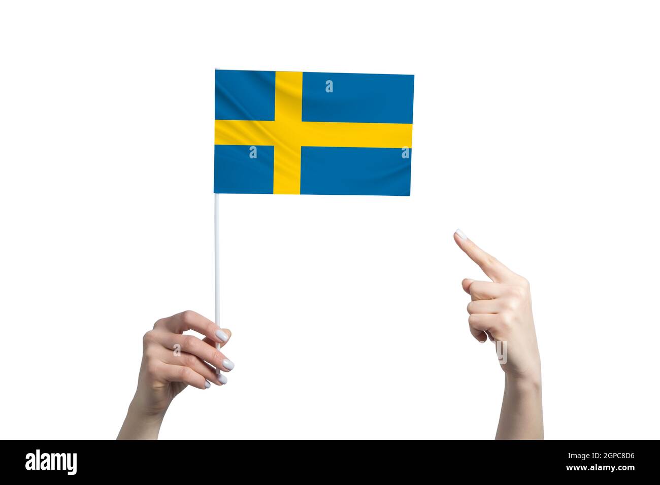 A beautiful female hand holds a Sweden flag to which she shows the ...