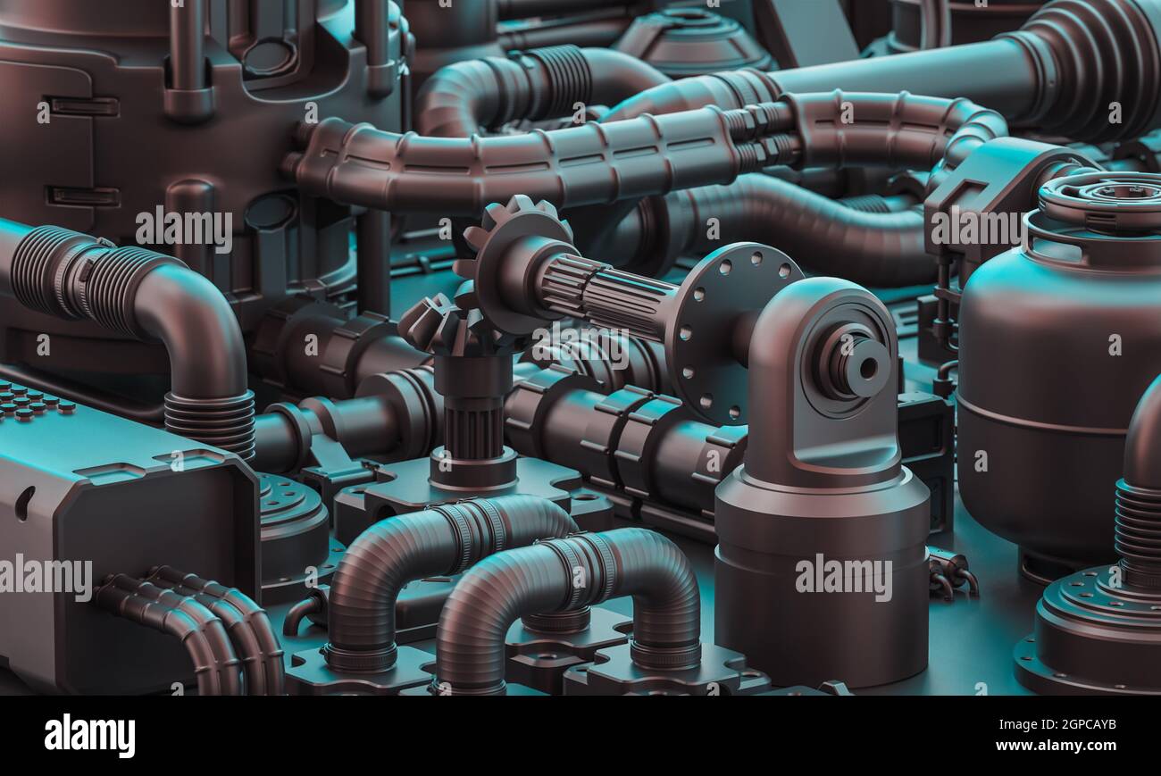 3d render background of pipes and mechanical parts in sci-fi style ...