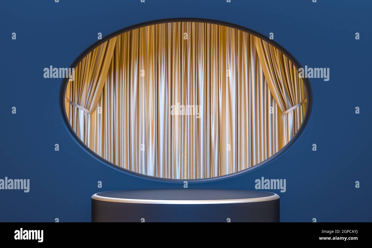 gold curtains with podium and oval shaped window. 3d render Stock Photo ...