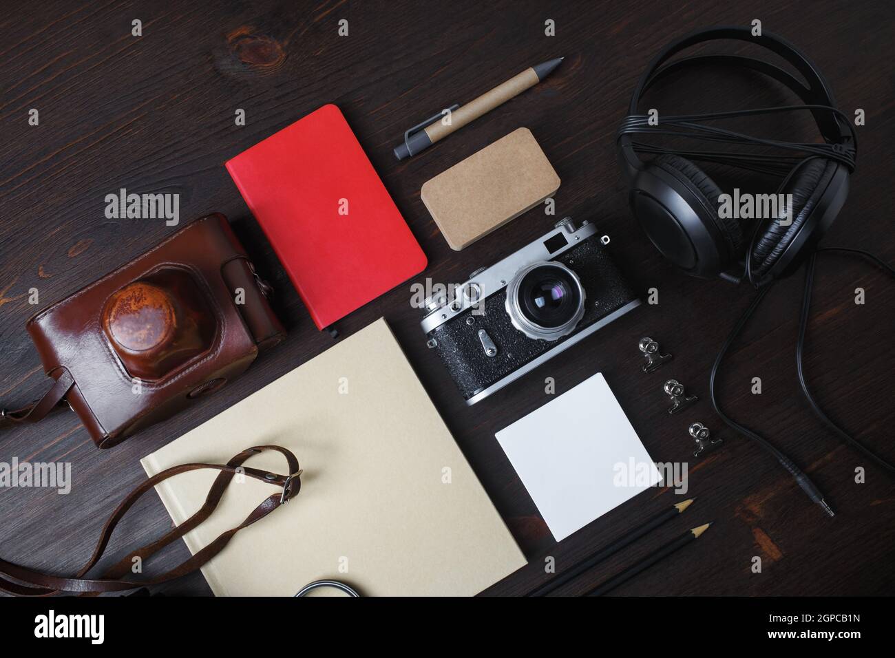 Travel or vacation concept. Vintage stationery and old photo camera ...