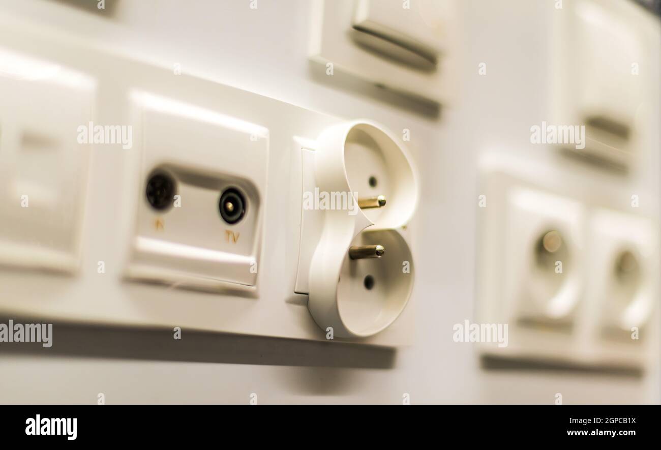 Electric sockets and switches presented in an electrical goods store ...