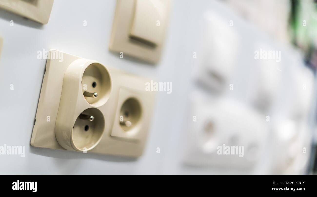Electric sockets and switches presented in an electrical goods store ...