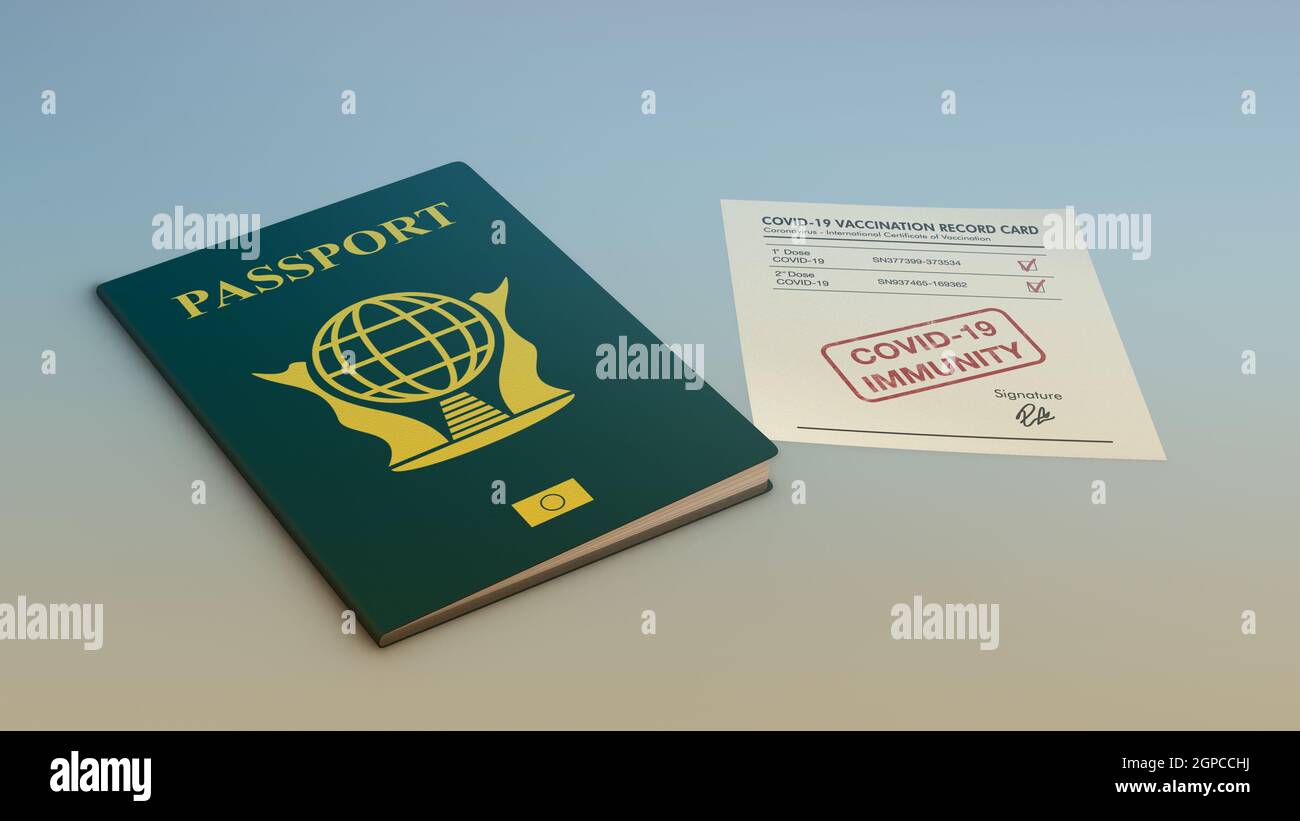 passport with a vaccination record card, covid-19 immunity. Note that ...