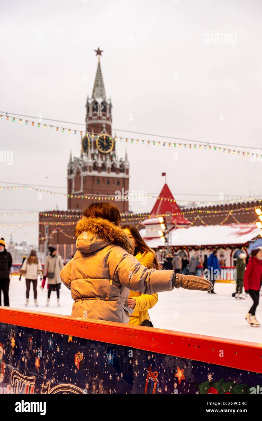MOSCOW, RUSSIA - DECEMBER 15, 2020: Kremlin Square, ice skating rink ...