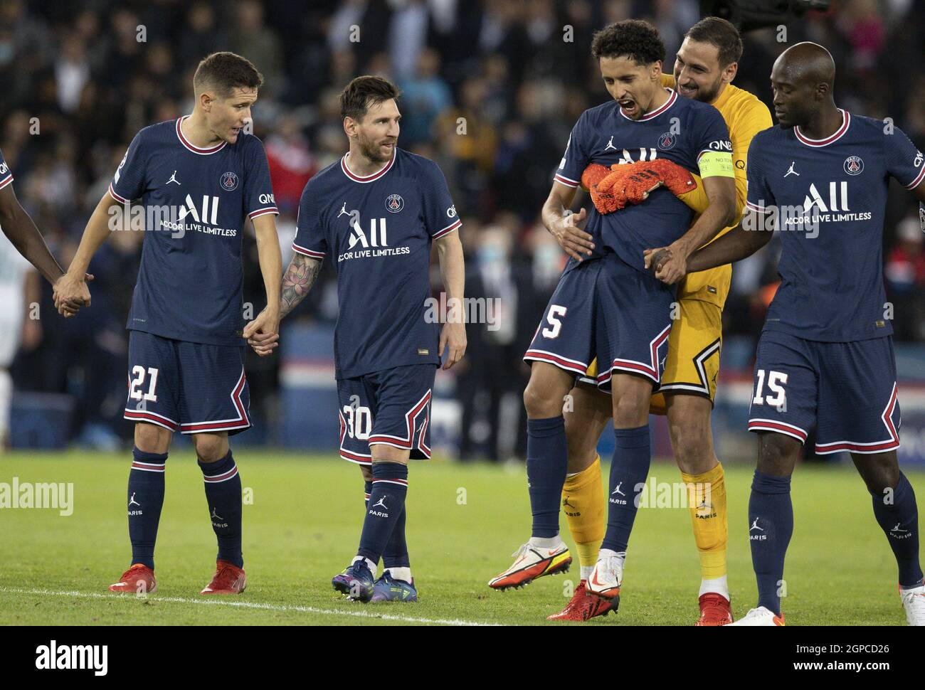 Paris, France. 28th Sep, 2021. MARQUINHOS of PSG and Gianluigi DONNARUMMA (GK) of PSG at he end ...