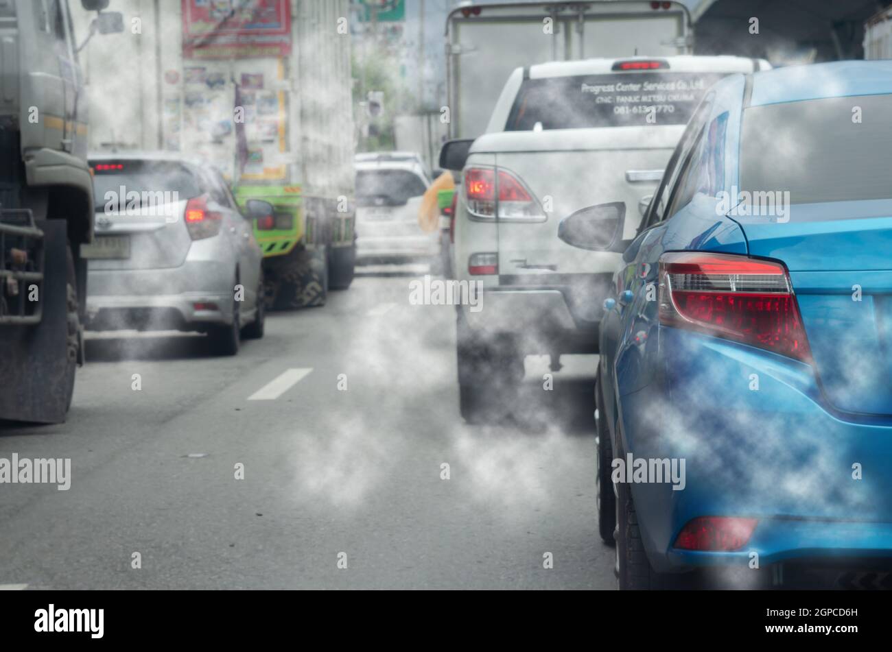 transportation travel Traffic jams on roads with air pollution, smoke ...