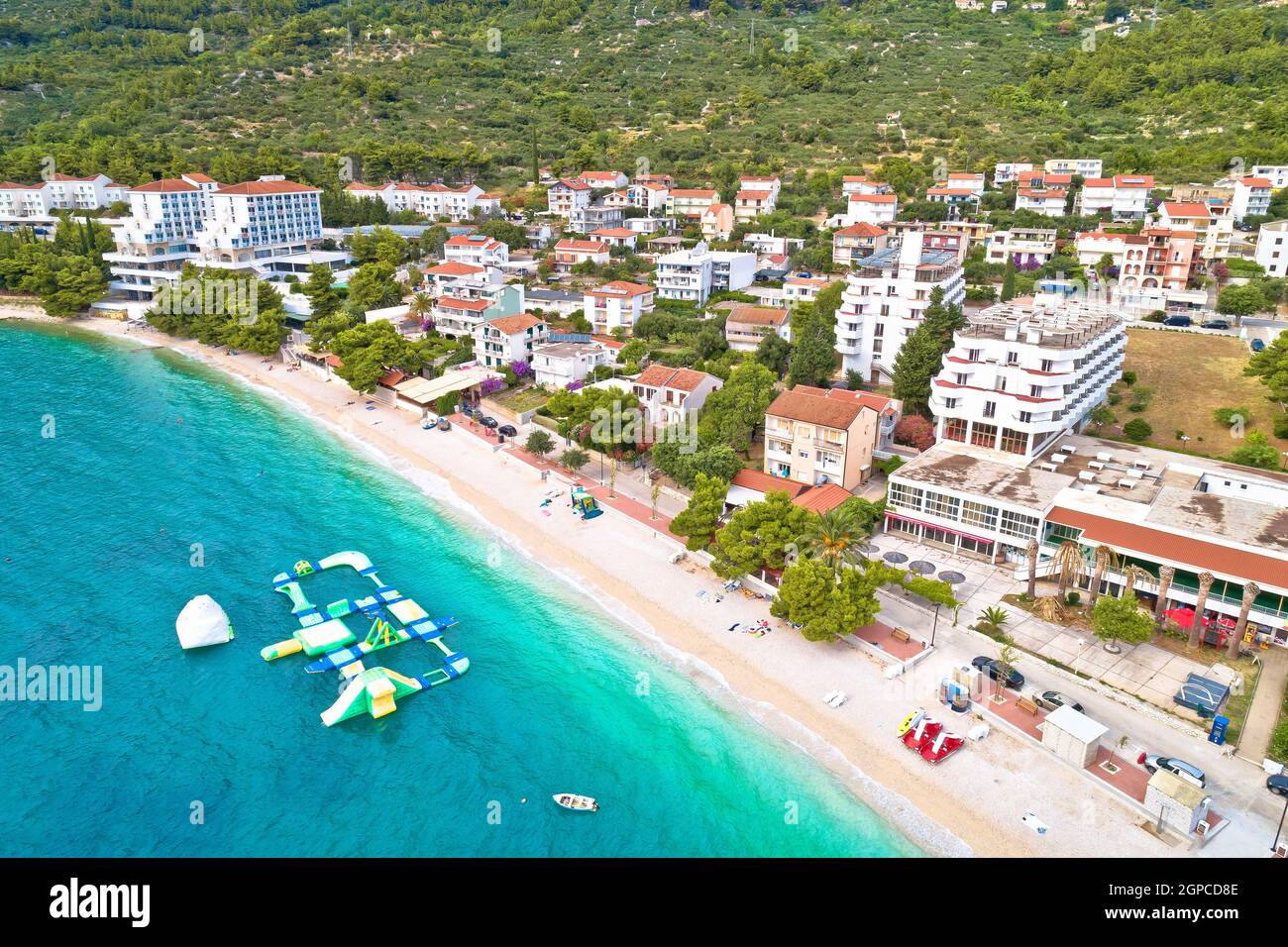 Gradac village on Makarska riviera beach aerial view, Dalmatia region ...