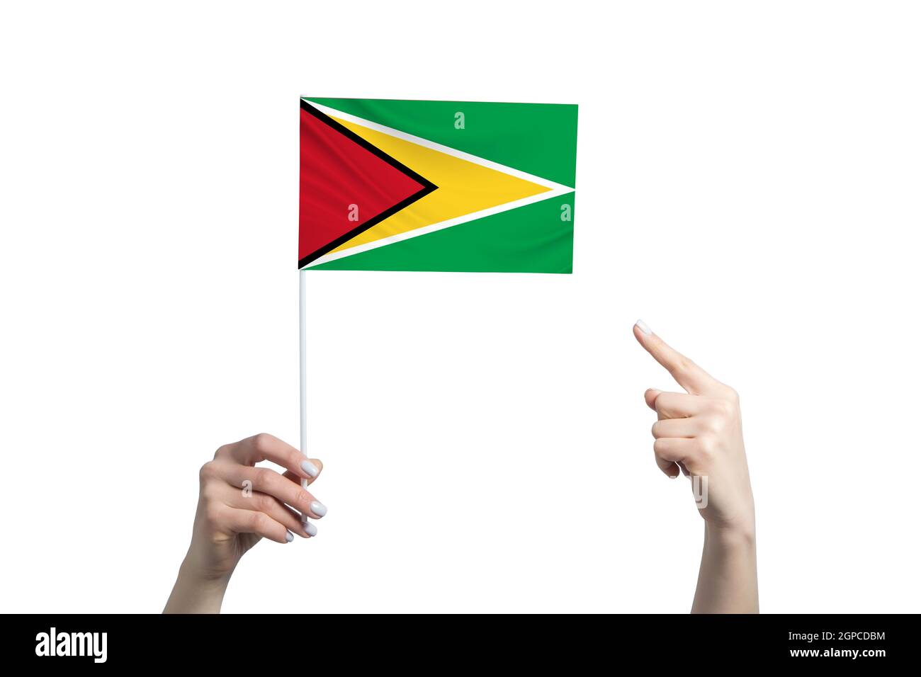 A beautiful female hand holds a Guyana flag to which she shows the ...