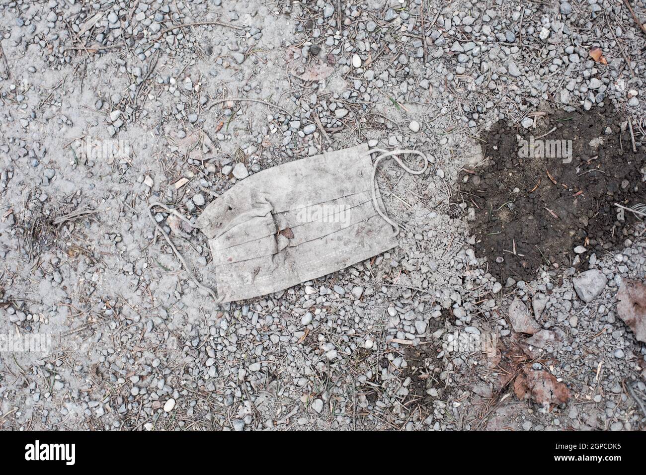 Close up shot of a dirty used surgical face mask thrown away, on the ...