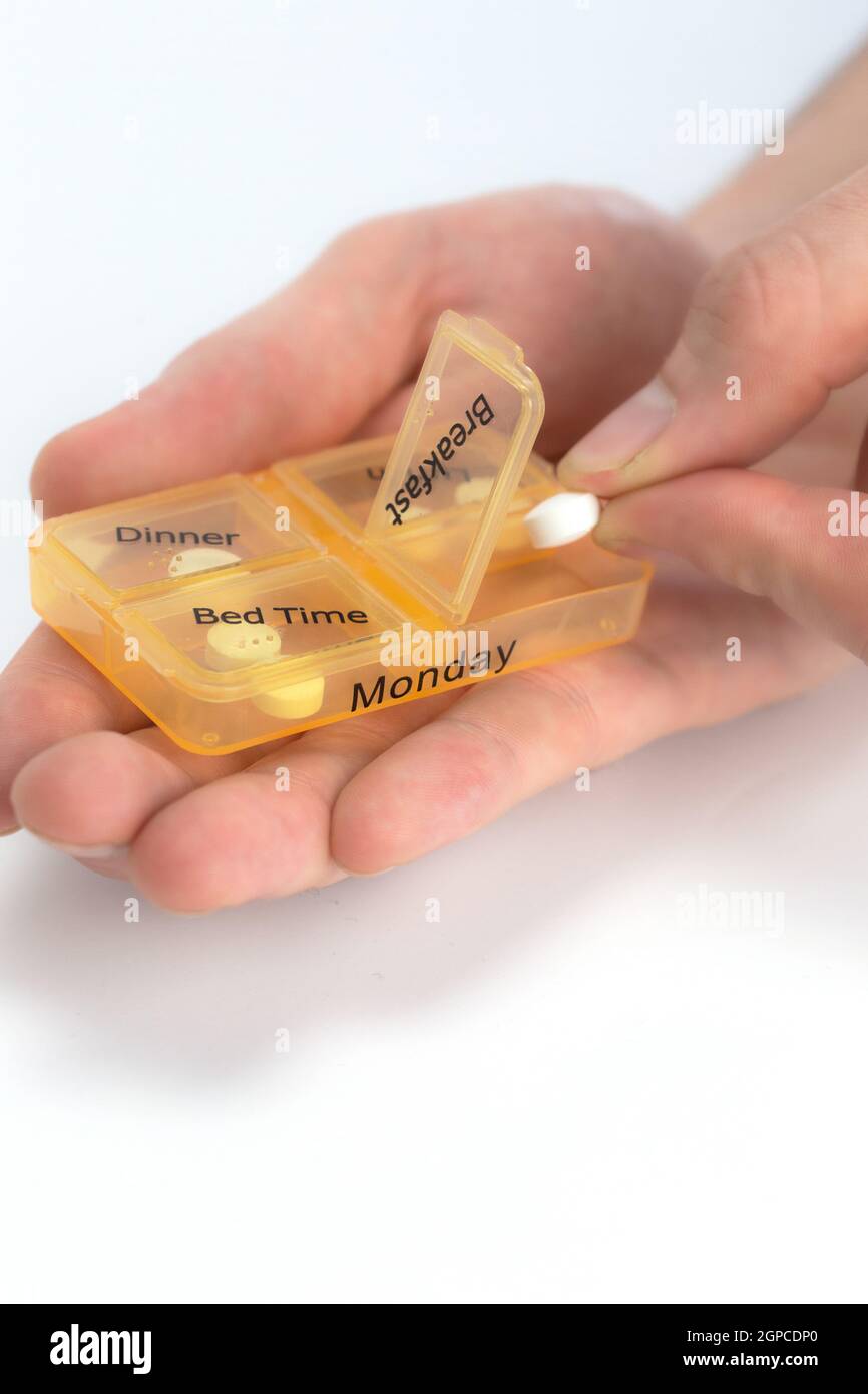 Hands of human with pill reminder box, taking medication isolated on ...
