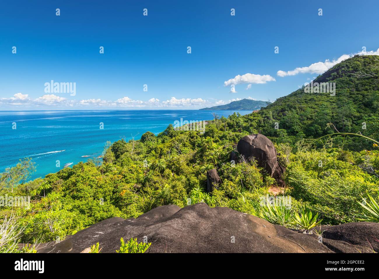 View from Anse Major Nature Trail over the northwest coastline of Mahe ...