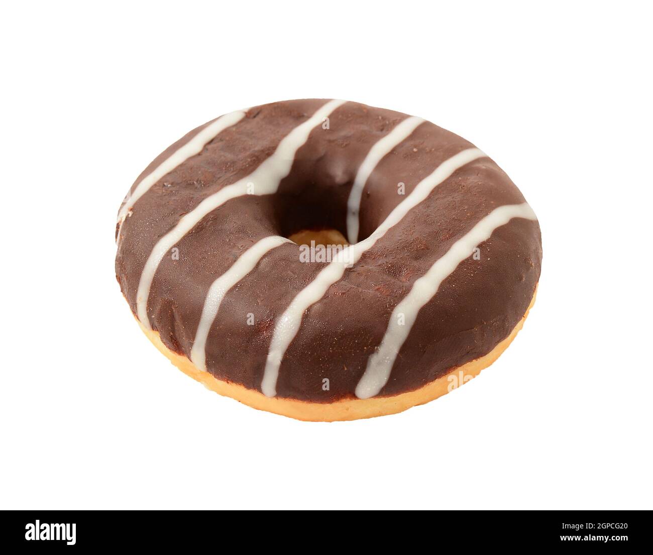 One chocolate donut with sugar stripes topping isolated over white ...