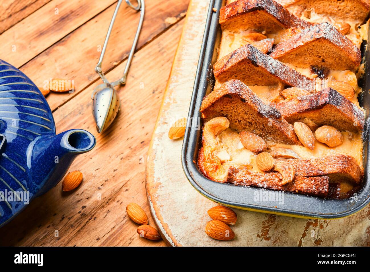 Dessert of toast bread,cheese,banana and nuts for tea.French breakfast ...