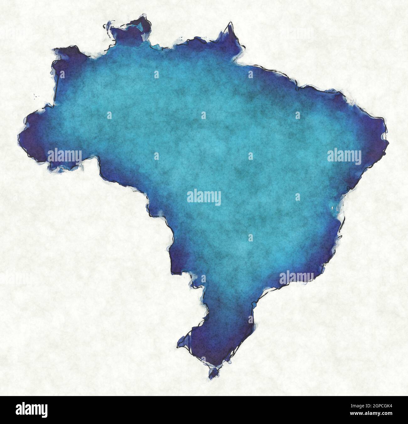 Brazil map with drawn lines and blue watercolor illustration Stock ...