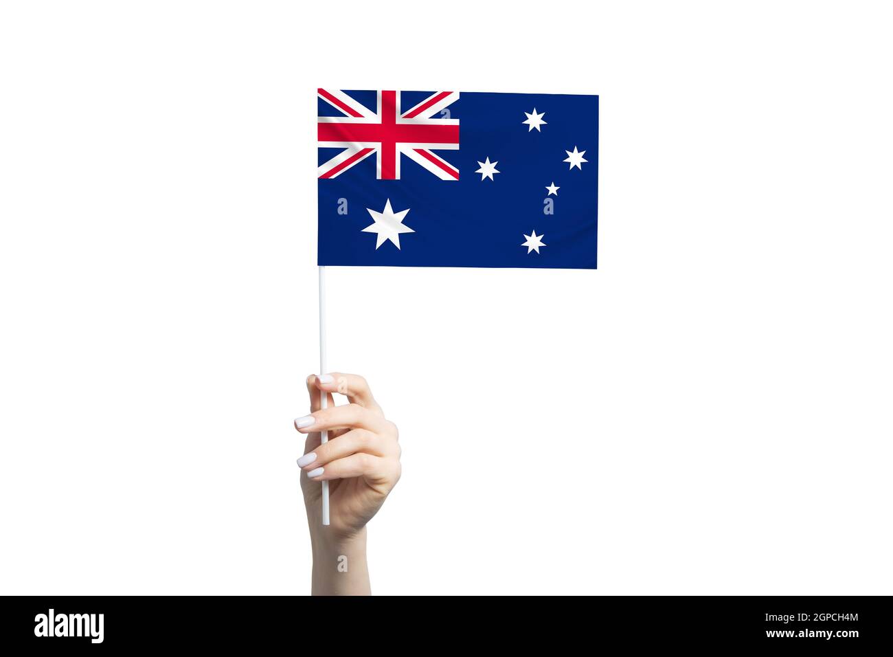Beautiful female hand holding Australia flag, isolated on white ...