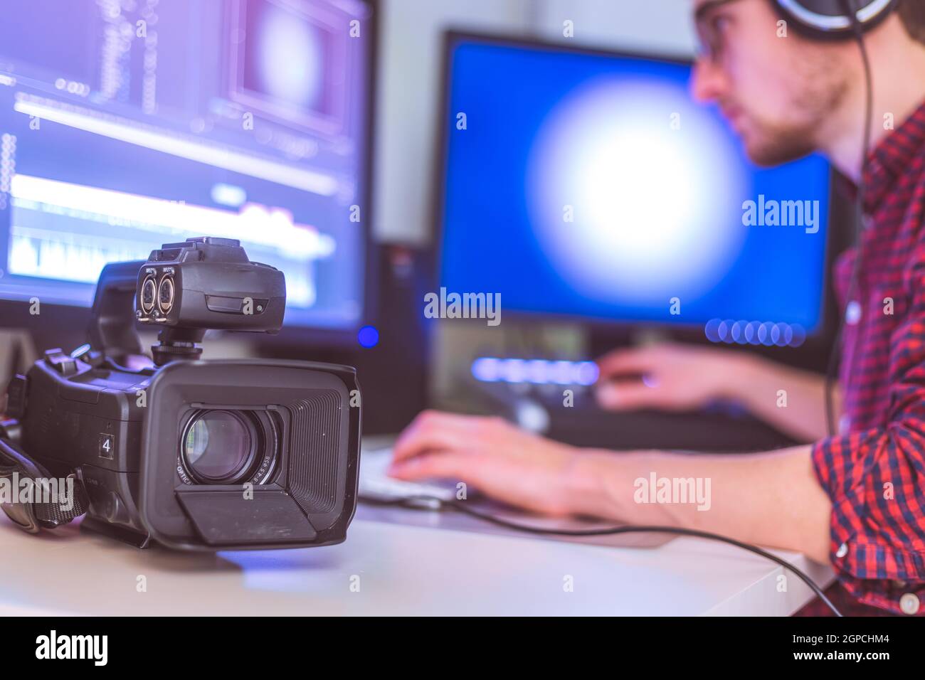 Video editing, recording and cutting room with monitors, camera and ...