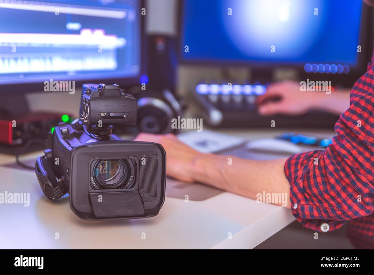 Video editing, recording and cutting room with monitors, camera and ...