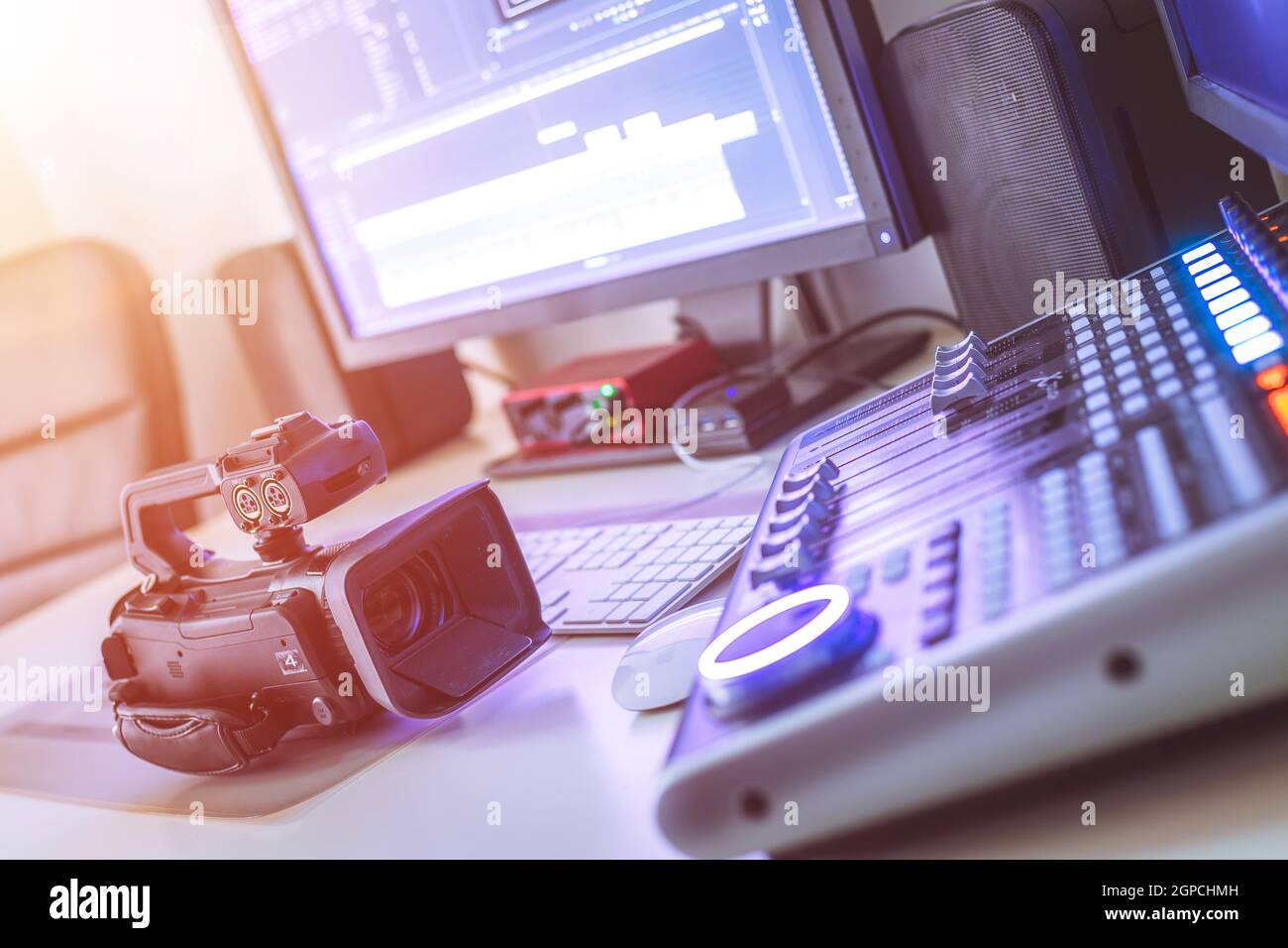 Video editing, recording and cutting room with monitors, camera and ...