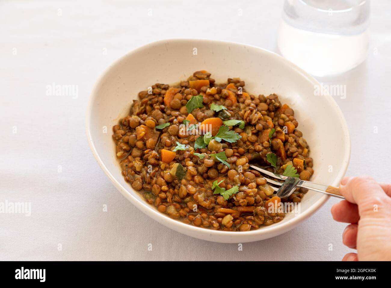 lentils with vegetables in a plate on the dining table. comfort ...