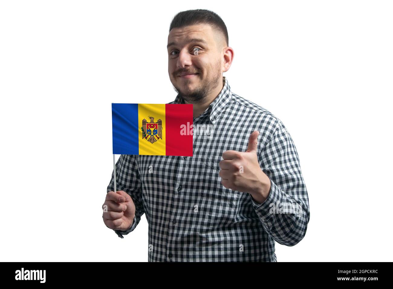 White guy holding a flag of Moldova and shows the class by hand ...