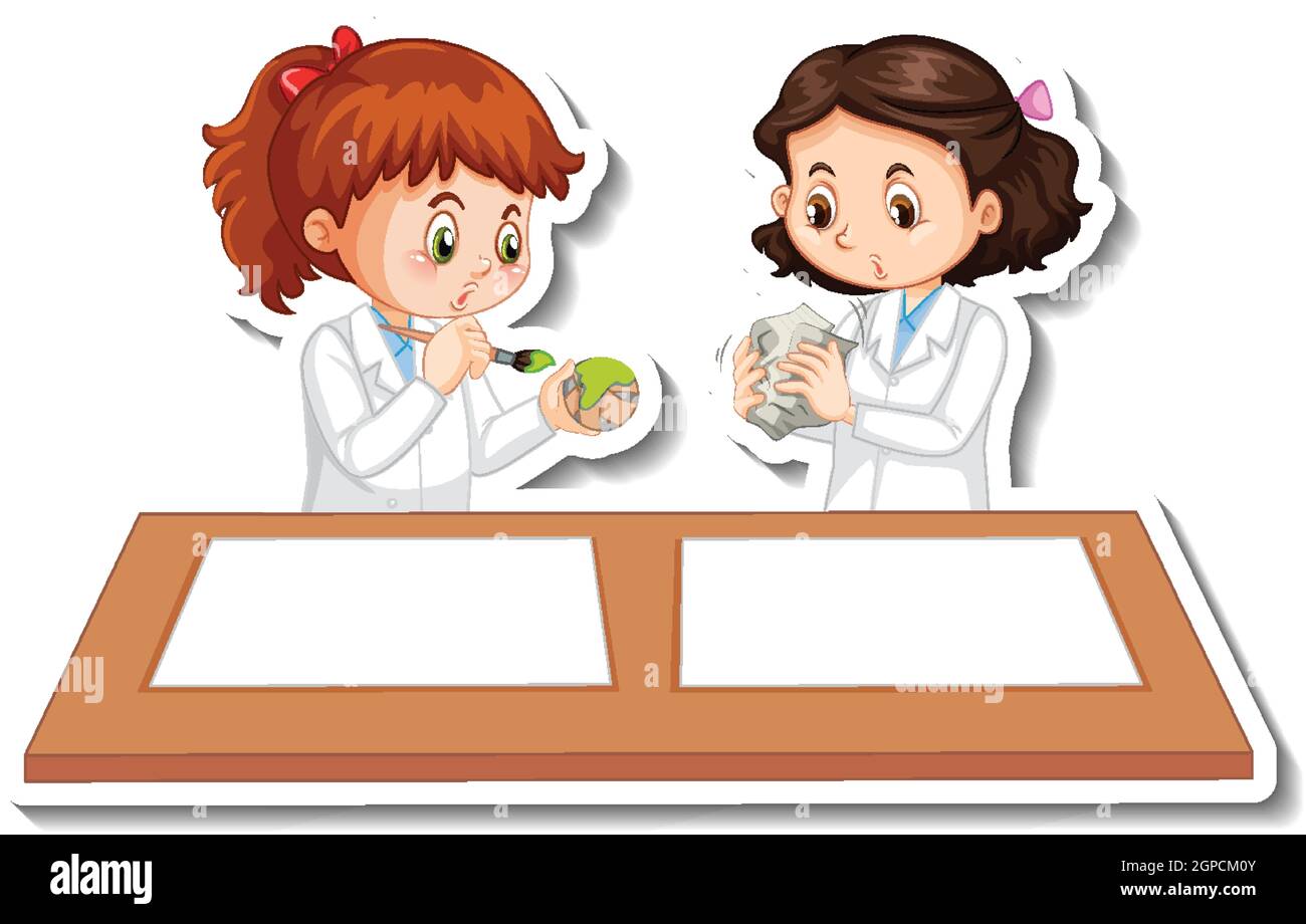 Scientist girls cartoon characters with science experiment object ...