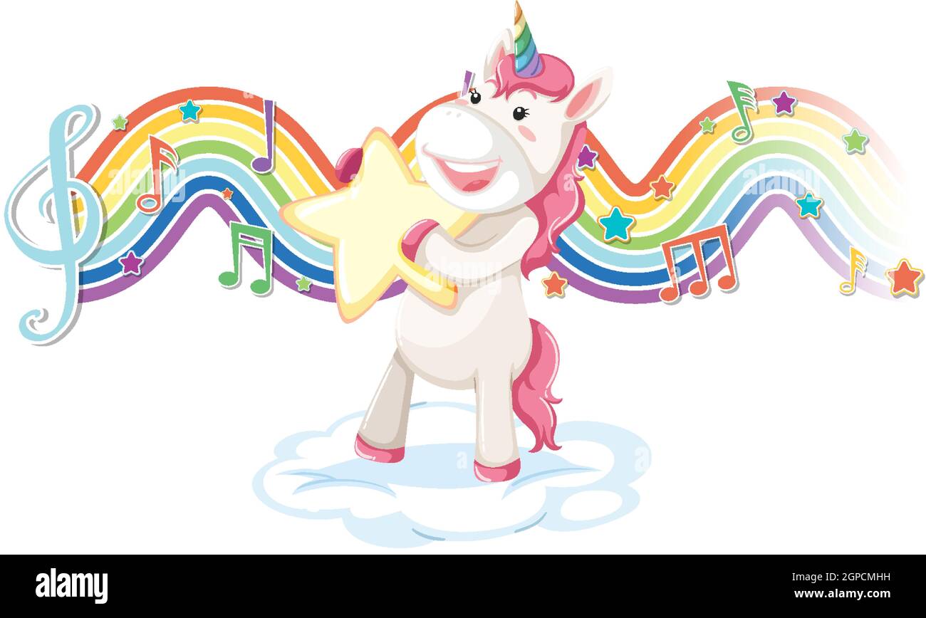 Unicorn standing on the cloud with melody symbols on rainbow wave ...
