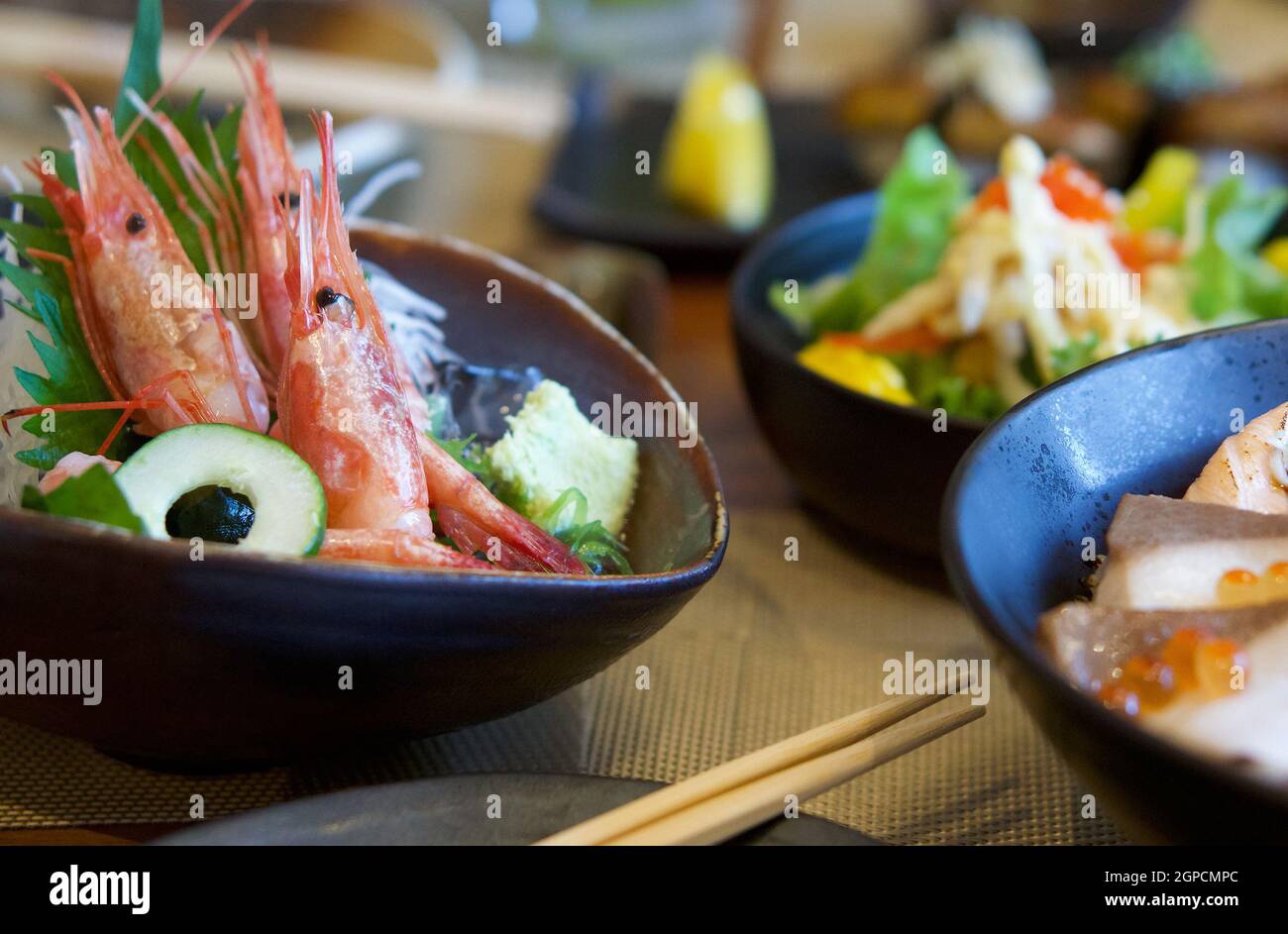 AMAEBI, sweet shrimp or spot prawns, served on ice with slice of ...