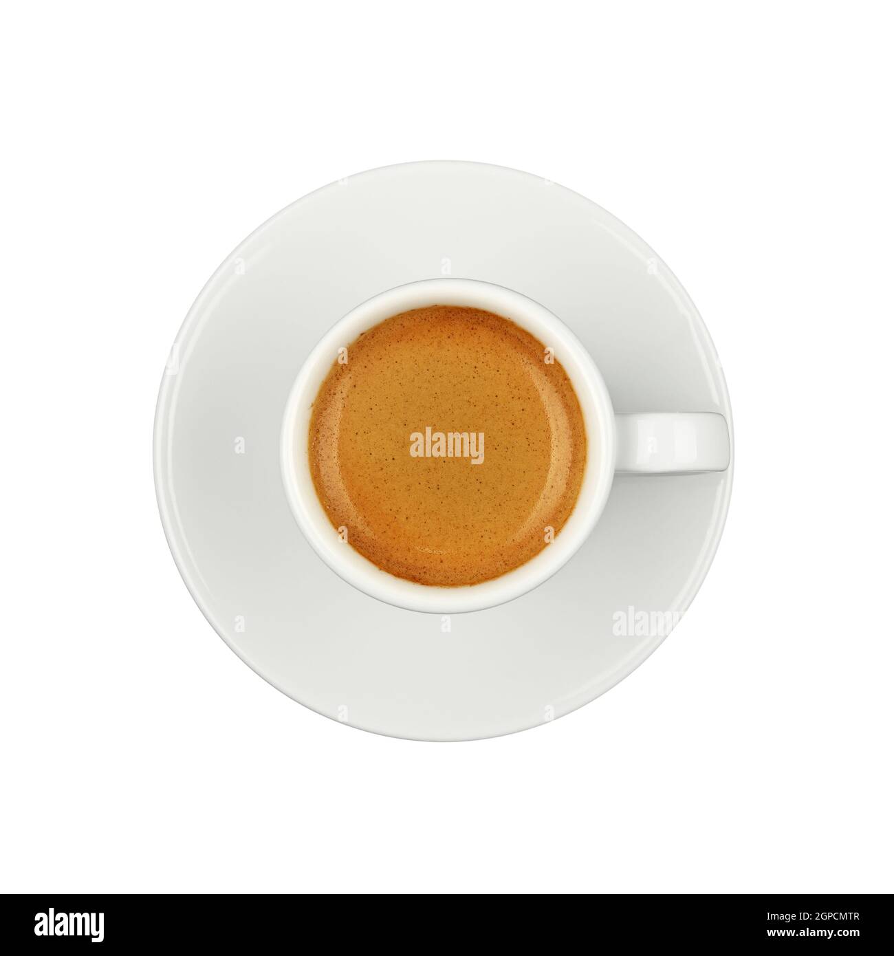 Close up one white cup full of espresso coffee, on saucer, isolated on ...