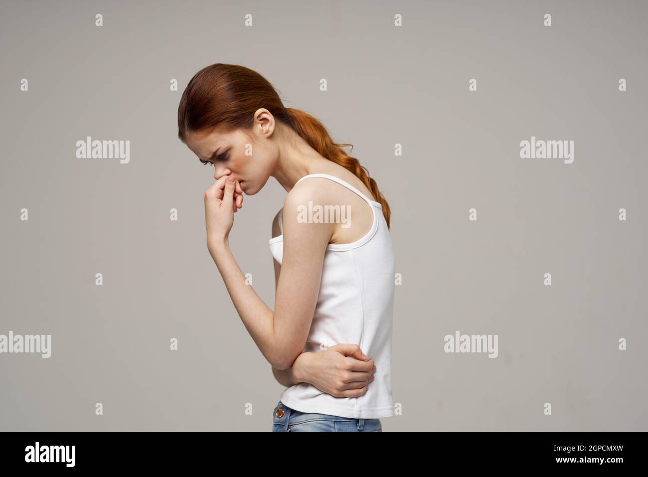 sick woman groin pain intimate illness gynecology discomfort light ...