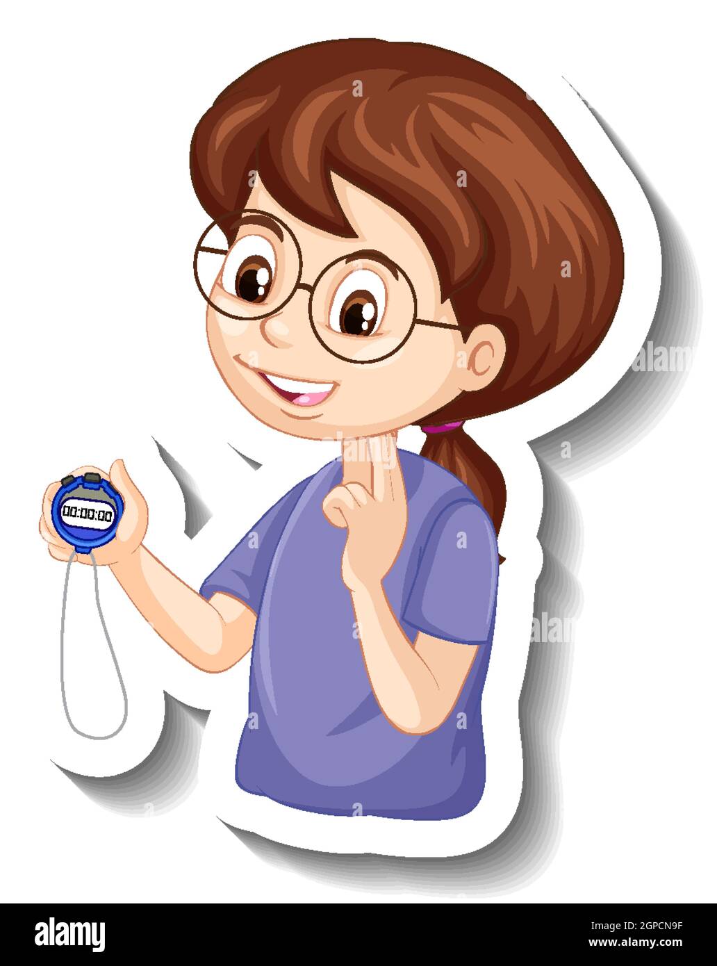 A girl looking at timer cartoon character sticker illustration Stock ...