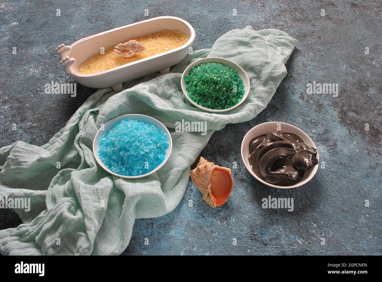 Spa and body care products. Colorful aromatic bath Dead Sea Salt and ...