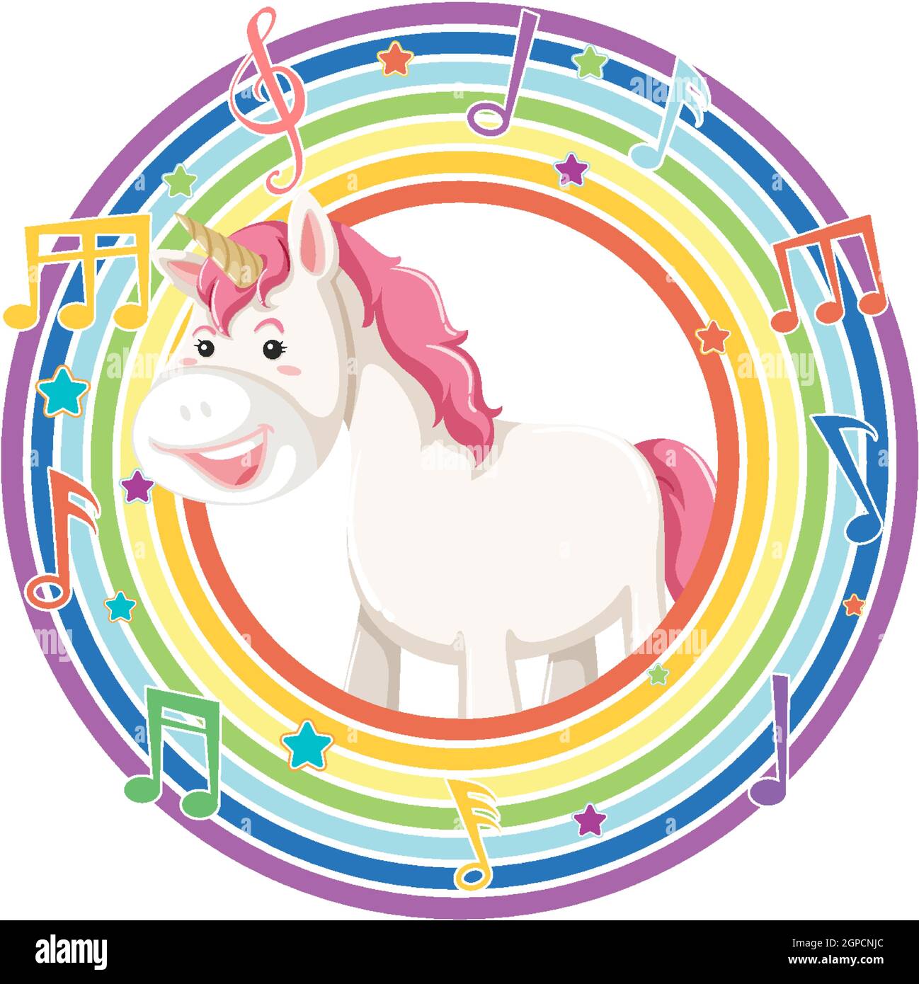 Unicorn in rainbow round frame with melody symbol illustration Stock ...