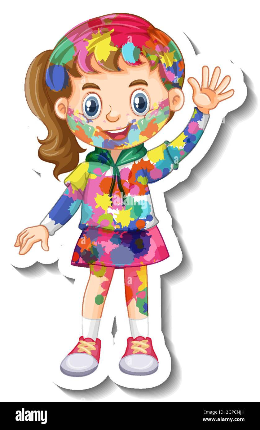 Happy girl with colour on her body sticker on white background ...