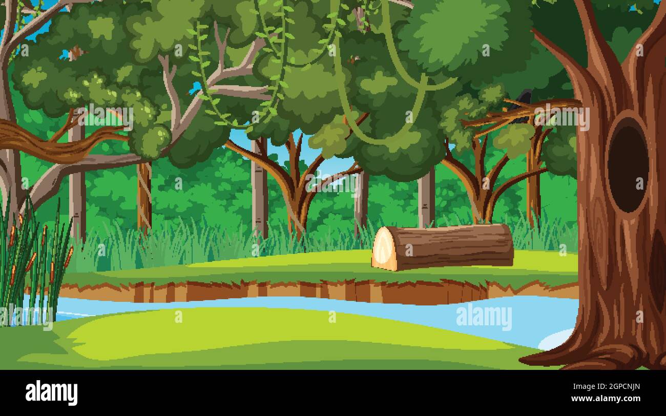 Nature scene with stream flowing through the forest illustration Stock ...