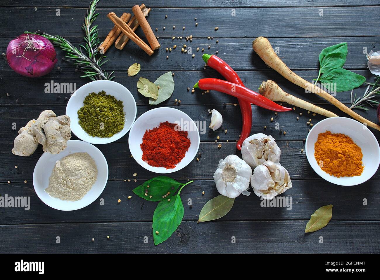 Colorful various of fresh and dried herbs, spices for cooking. Spice ...
