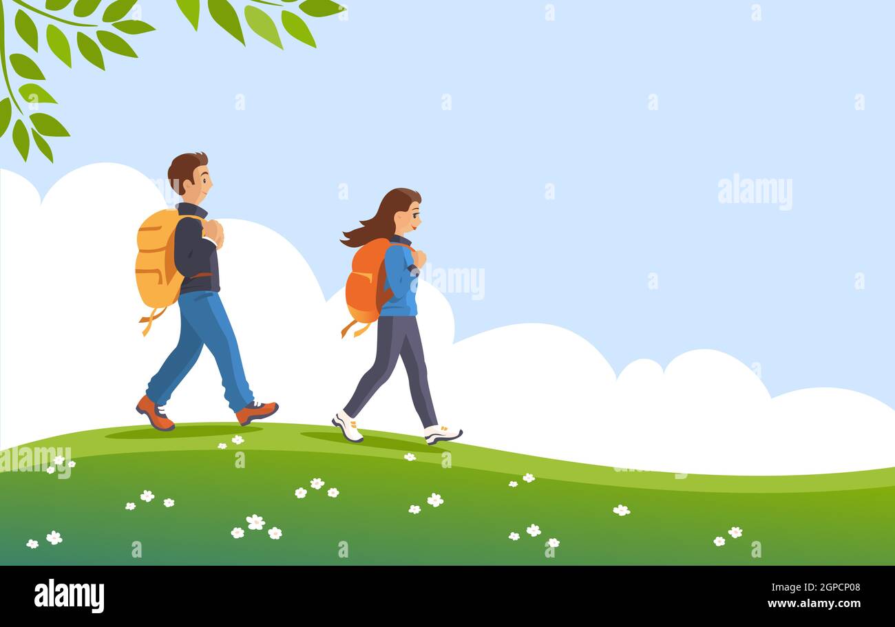 Man and woman with backpacks in nature. They walk with a smile on the ...