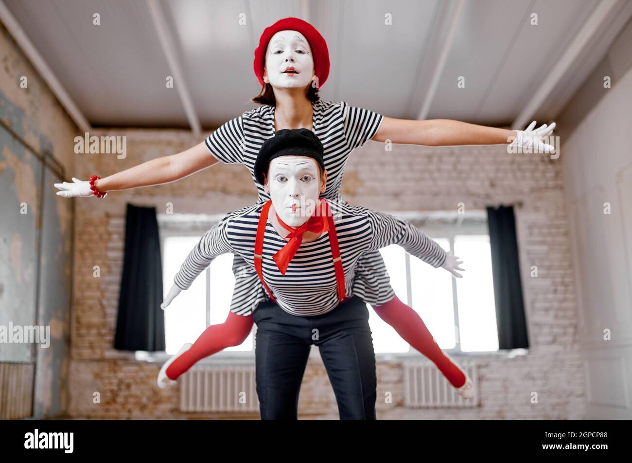 Two mime artists, airplane parody scene, comedy. Pantomime theater ...