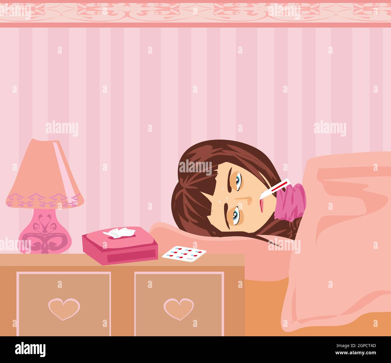 Illustration of a Sick Girl lying in bed Stock Photo - Alamy