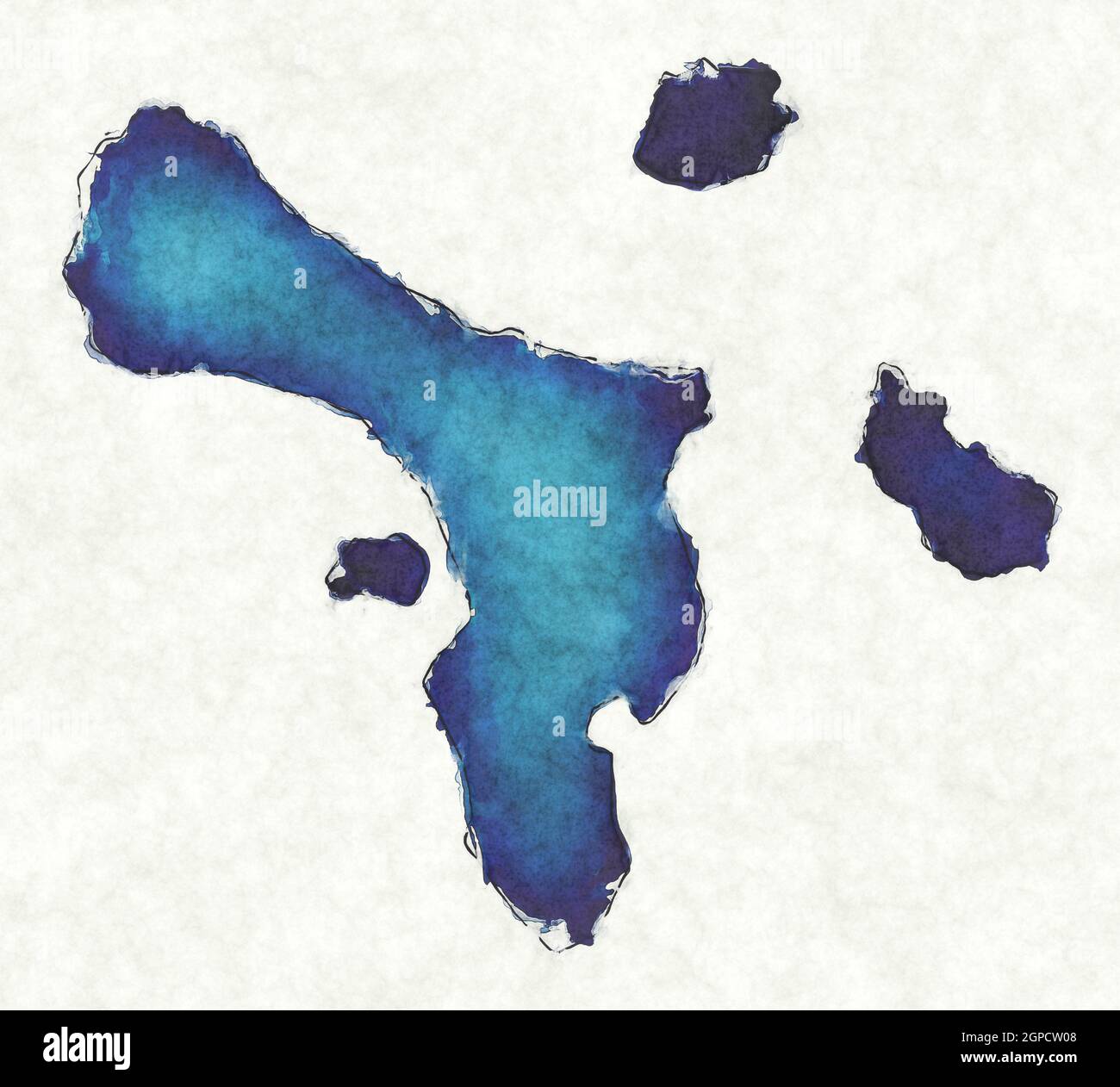 Caribbean Netherlands map with drawn lines and blue watercolor ...